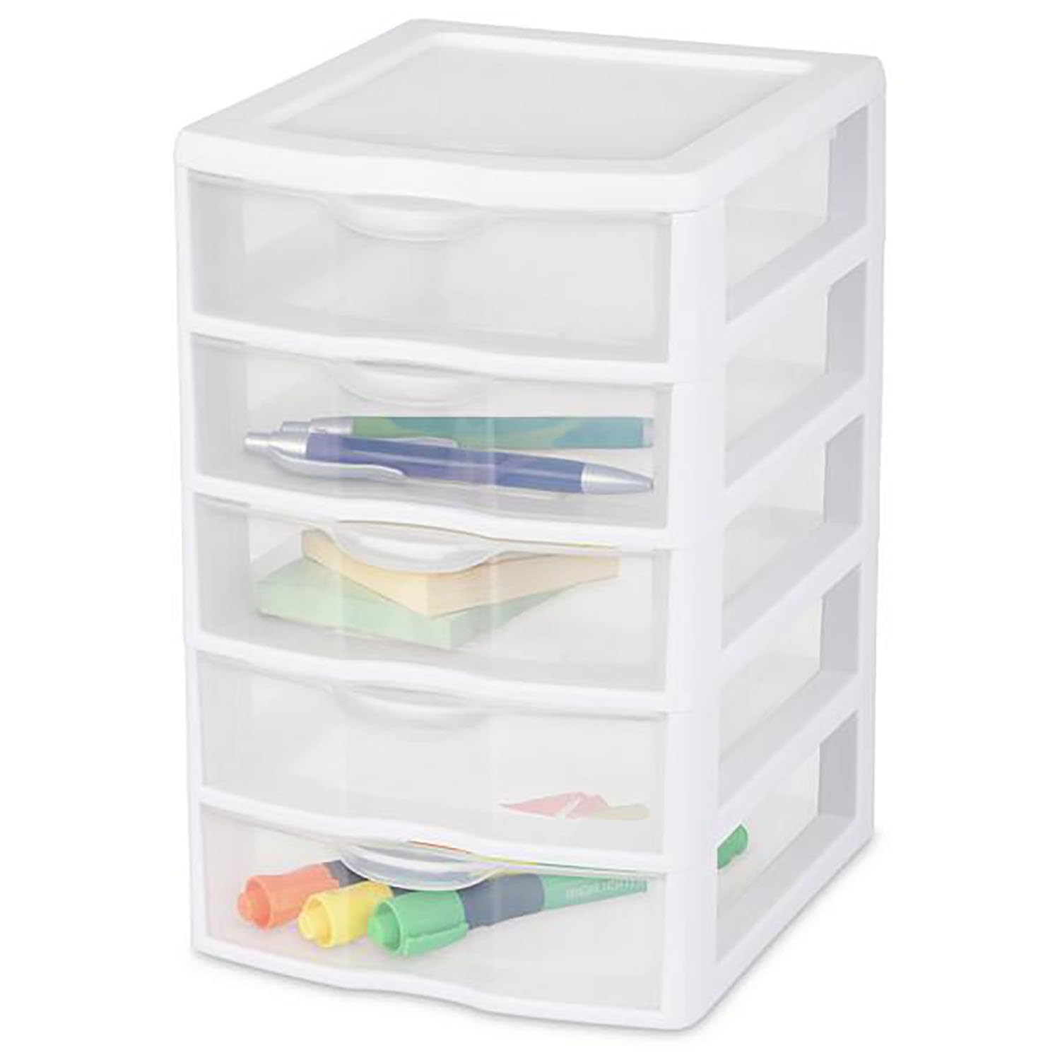 5 Unit Plastic Shelves Drawer Organizer Shelving Storage Set Solution Stackable With Clear Drawer Handles for Home Office School Kids Cabinets Dresser Makeup Accessory Utility Tool -White/Clear (2)