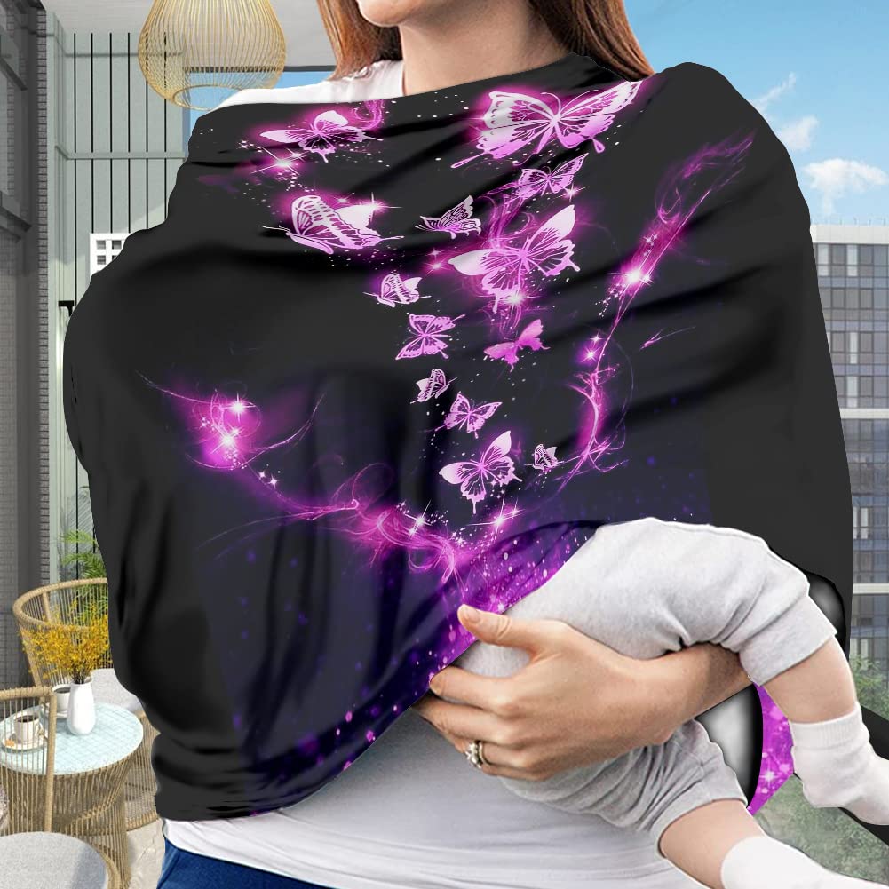 JOAIFO Pink Neon Butterfly Print Carseat Cover Girls Stretchy Baby Carseat Canopy Soft Breathable Nursing Covers for Breastfeeding Protector