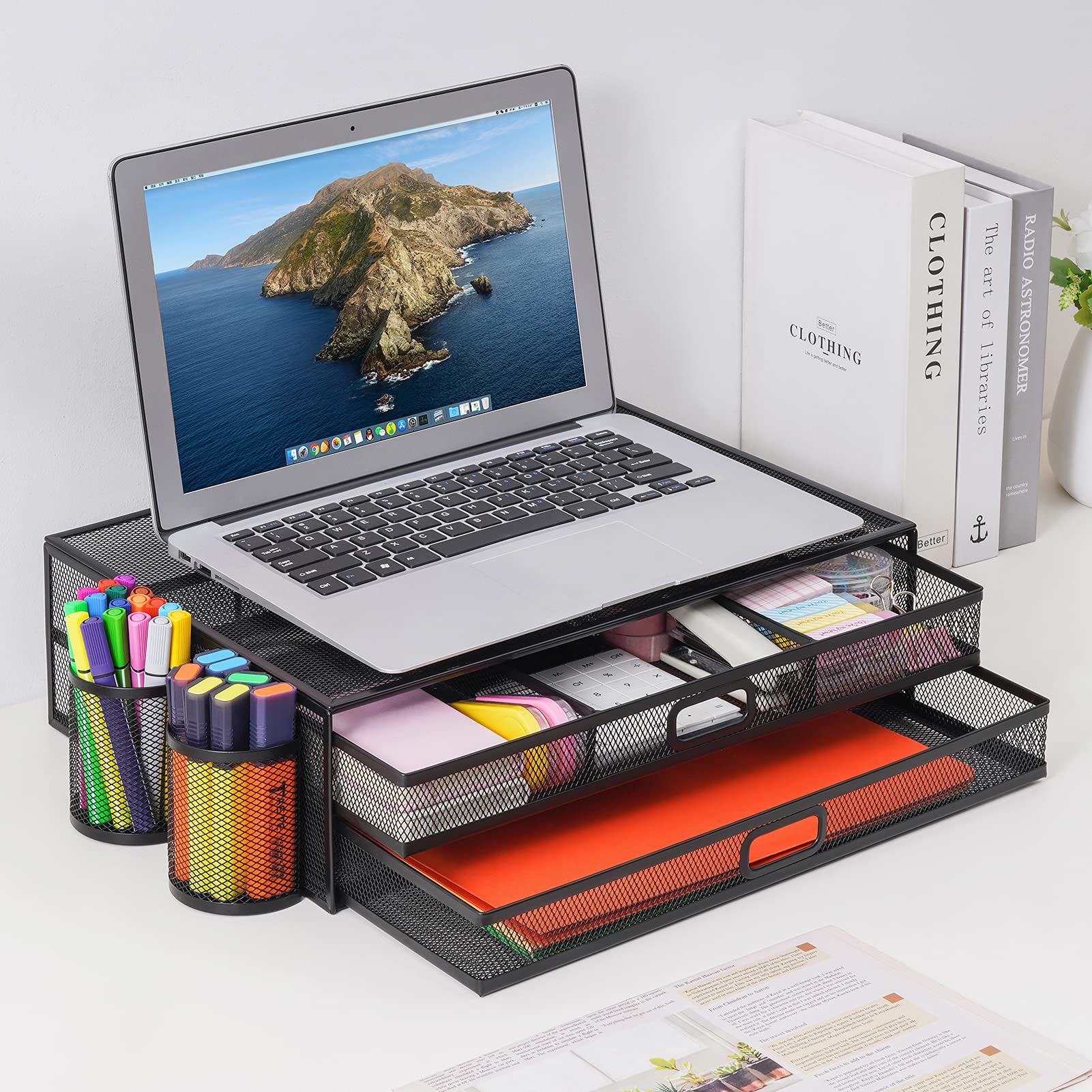 Monitor Stand with Drawer | Monitor Riser with Drawers and 2 Magnetic Pen Holder | Black Mesh Metal Desk Organizer for Computer, PC, Laptop, Printer, Notebook, iMac (Set of 3)