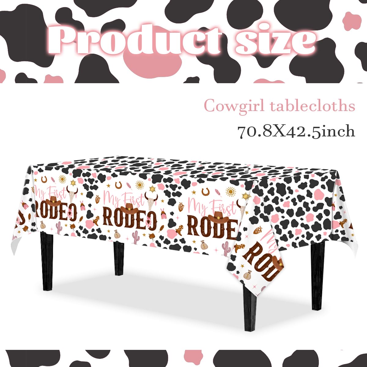 3Pcs My First Rodeo Tablecloths-Cowgirl Baby Shower Decorations Pink Cow Print Western Disposable Rectangular Plastic Table Covers First Rodeo Birthday Party Supplies Girl