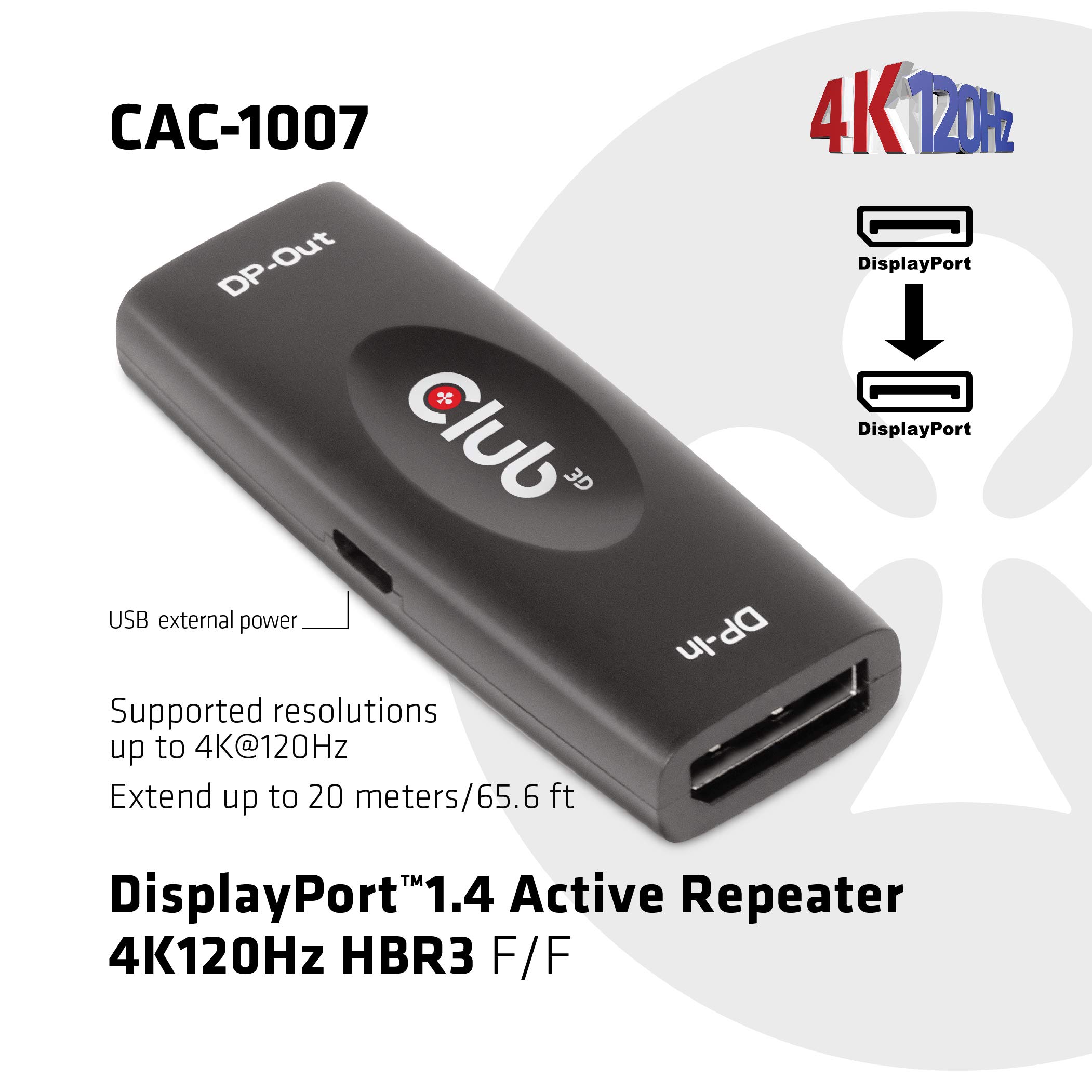 Club 3D DisplayPort 1.4 Active Repeater 4K120Hz HBR3 F/F - 65.62 ft Maximum Operating Distance - DisplayPort - USB,CAC-1007