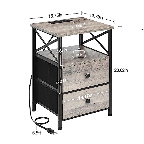 AMHANCIBLE End Table Living Room with Charging Station, Nightstand with Drawer, Small Side Table with USB Ports and Outlets for Small Spaces Bedroom, Greige HET05XGY1