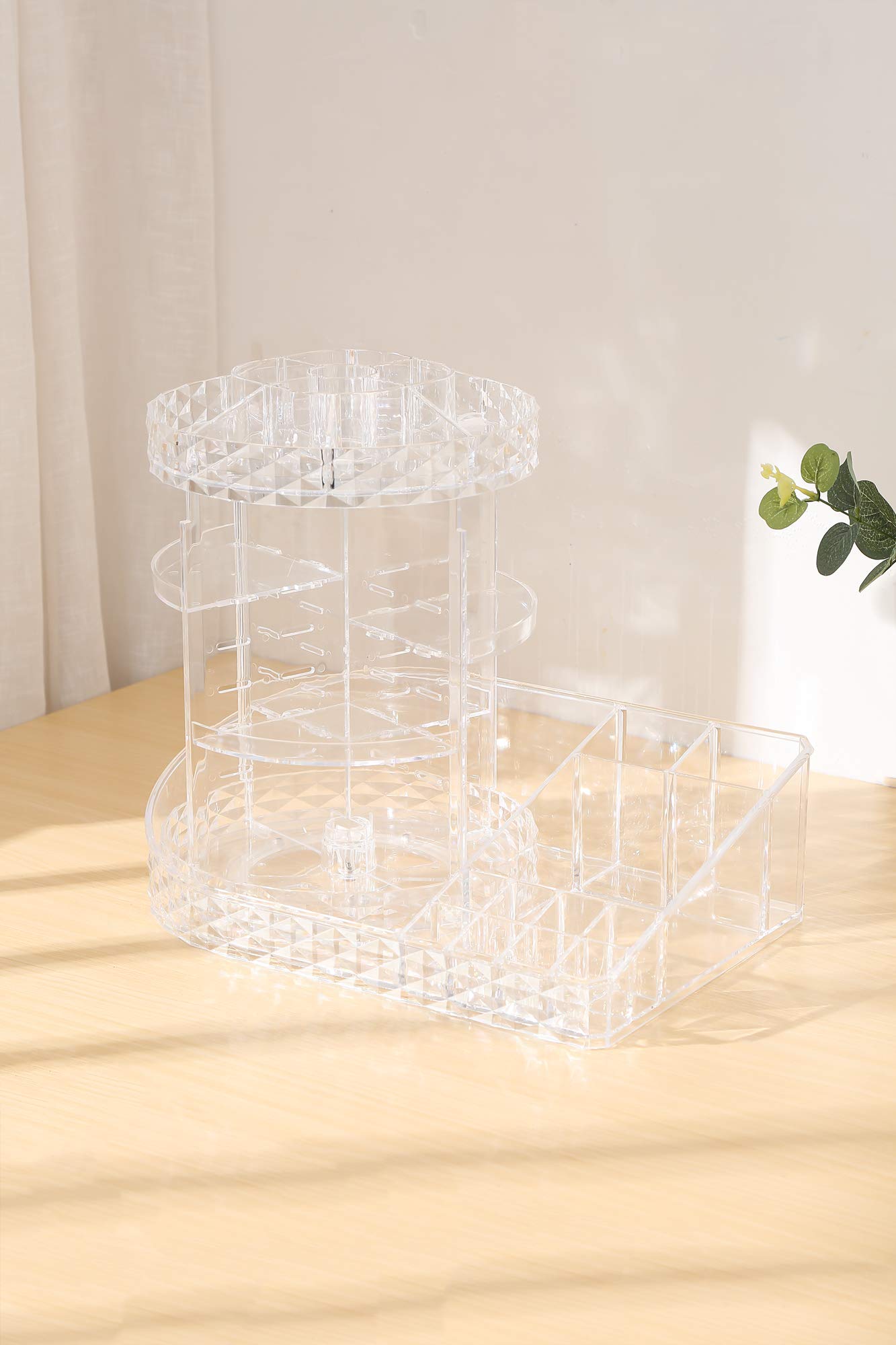 MOOCHI Clear L-Shape Bottom Makeup Organizer 360 Degree Rotating Multi-Function Acrylic Diamond Pattern Cosmetic Storage Display Case For Brushes Lipsticks Jewelry