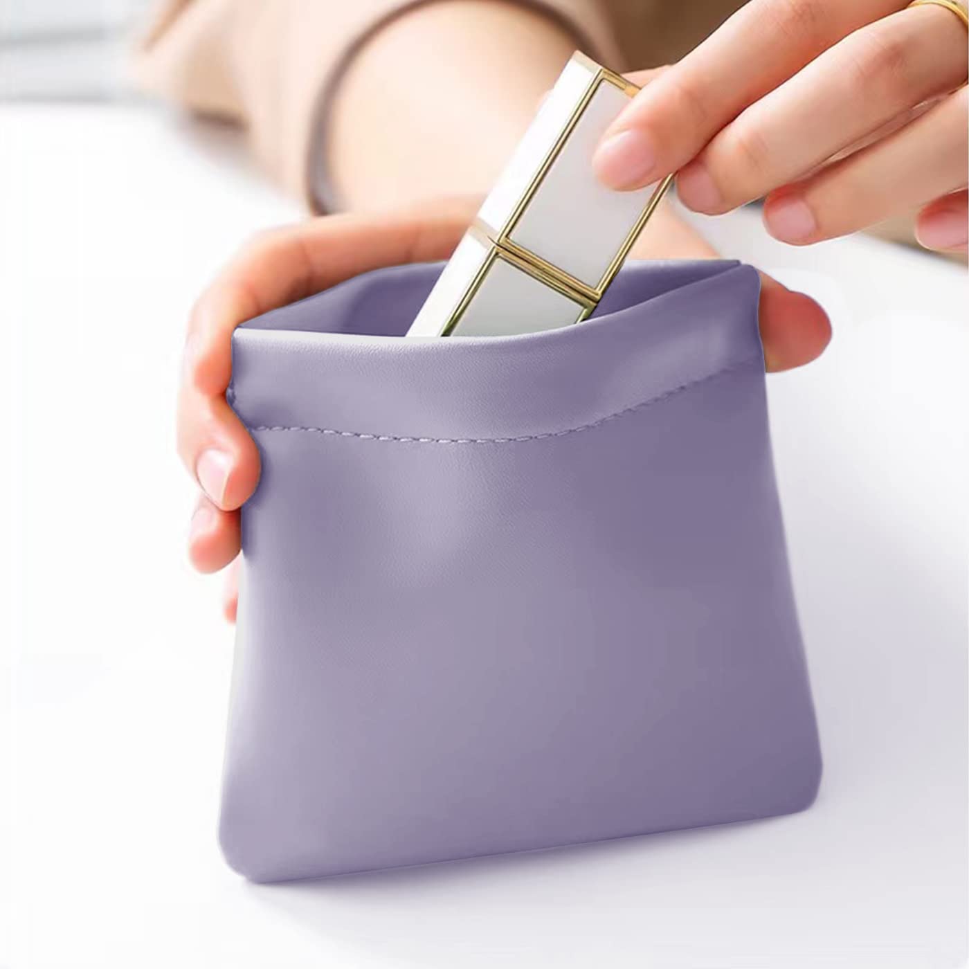 3Pcs Pouchic - Personalized Snap Closure Leather Organizer Pouch, Pocket Cosmetic Bag Squeeze Top, Self Closing Makeup Pouch, Waterproof Portable Small Bag, Women Mini Travel Bag