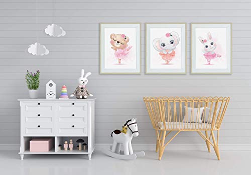 Framed Nursery Wall Art Animals Ballerinas for Girl Baby Room Wall Decor, 10"x12" Wood Frame, Set of 3