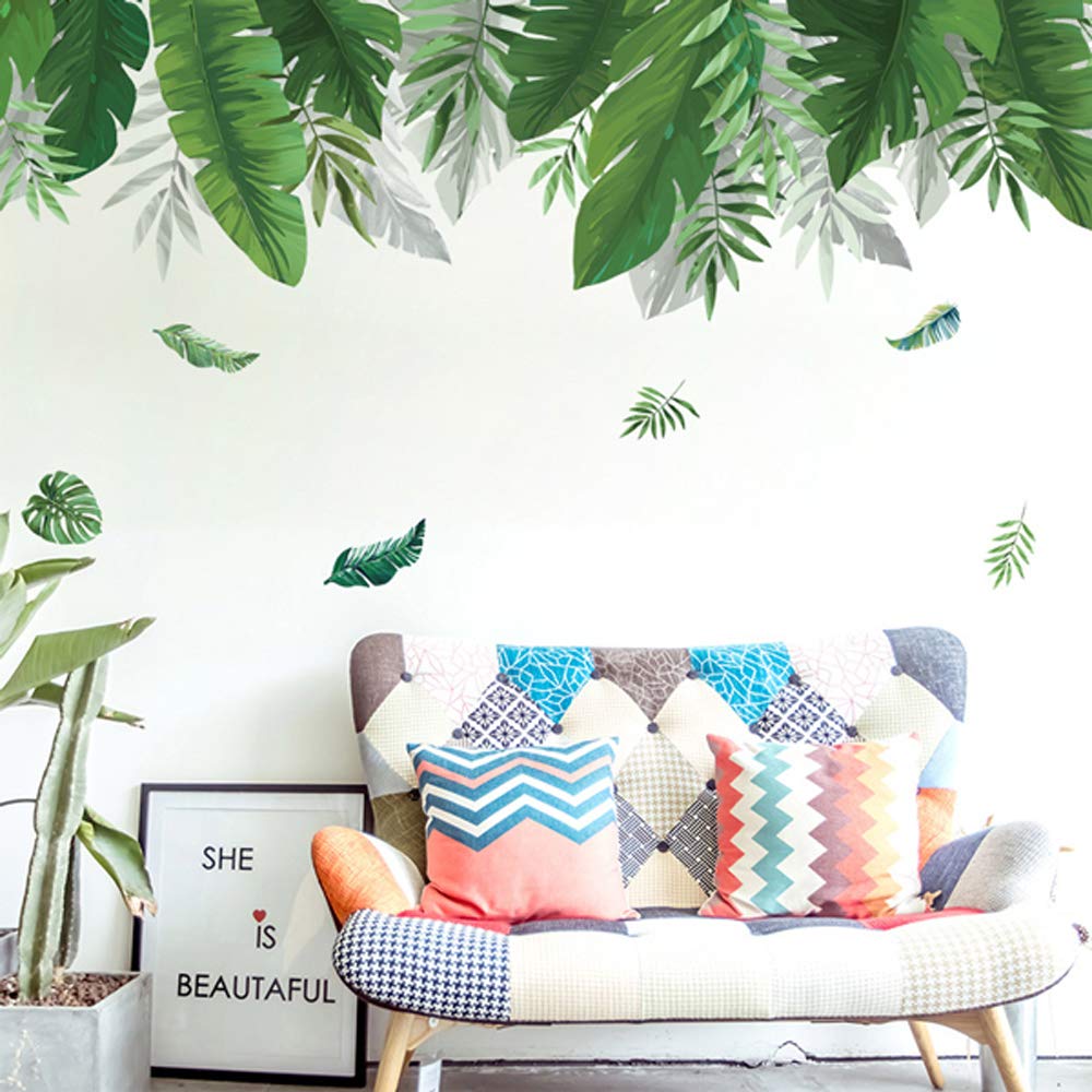 RuiHome Tropical Palm Leaves Wall Sticker Green Plants Removable Art Decal for Living Room Baby Kids Bedroom Kitchen Cafe Shops