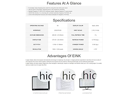 Waveshare 13.3inch E-Paper E-Ink Display HAT Compatible with Raspberry Pi4B/3B+/3B/2B/B+/A+/Zero/Zero W/WH/Zero 2W 1600×1200 Pixels Black/White 2-16 Grey Scales USB/SPI/I80 Supports Partial Refresh