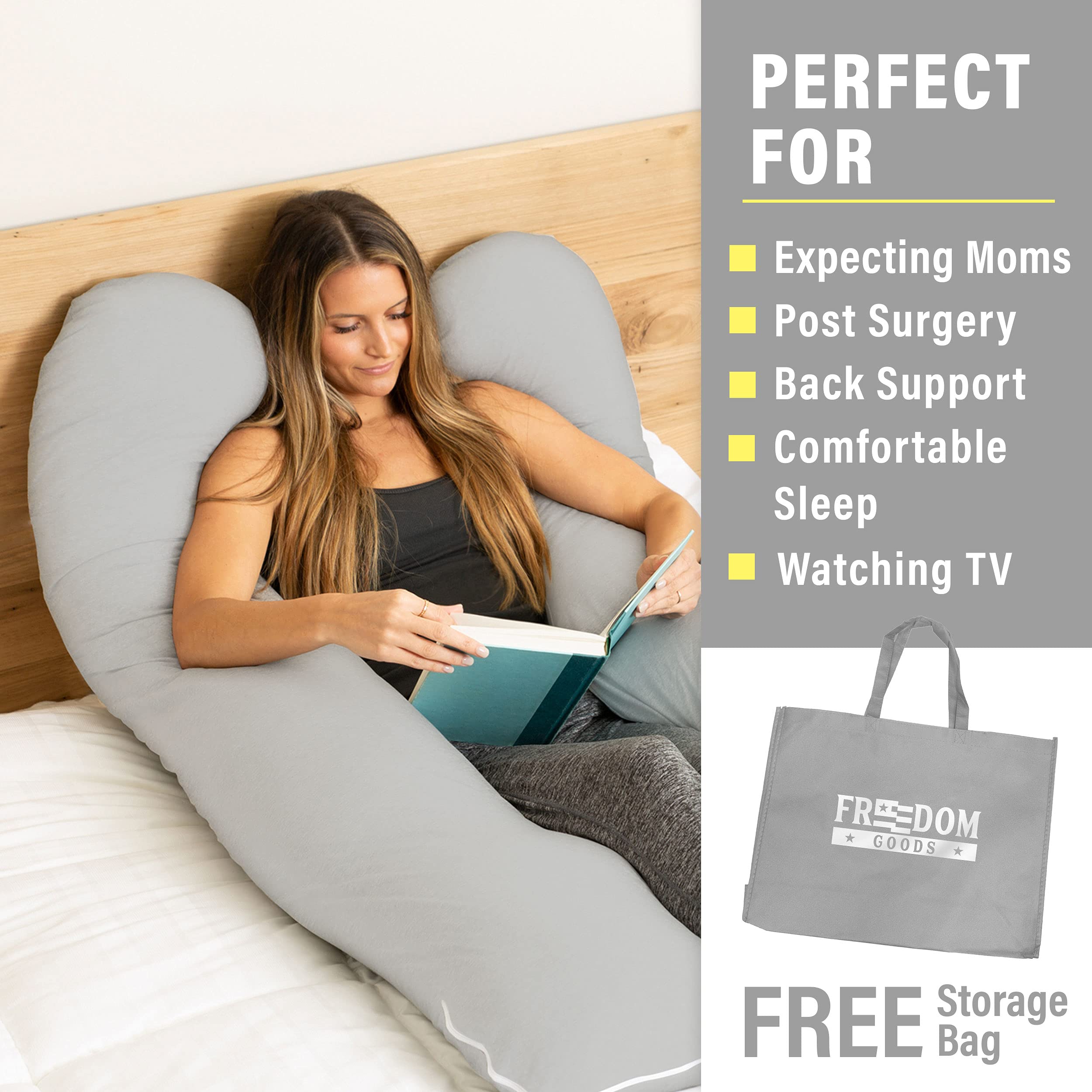 Freedom Goods Pregnancy Pillow (2 Zip Off Pillowcases Warm and Cool),Velvet and Cotton Cover, U Shaped Pregnancy Pillows for Sleeping (55" Lx30 Wx7 H), Maternity Pillow