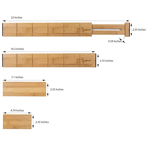 Bamboo Drawer Dividers Set of 4, Expandable Drawer Organizer, Utensil Drawer Organizer, Dresser Drawer Divider, Drawer Separators, Adjustable Drawer Divider with Secure Hold and Protective Padding