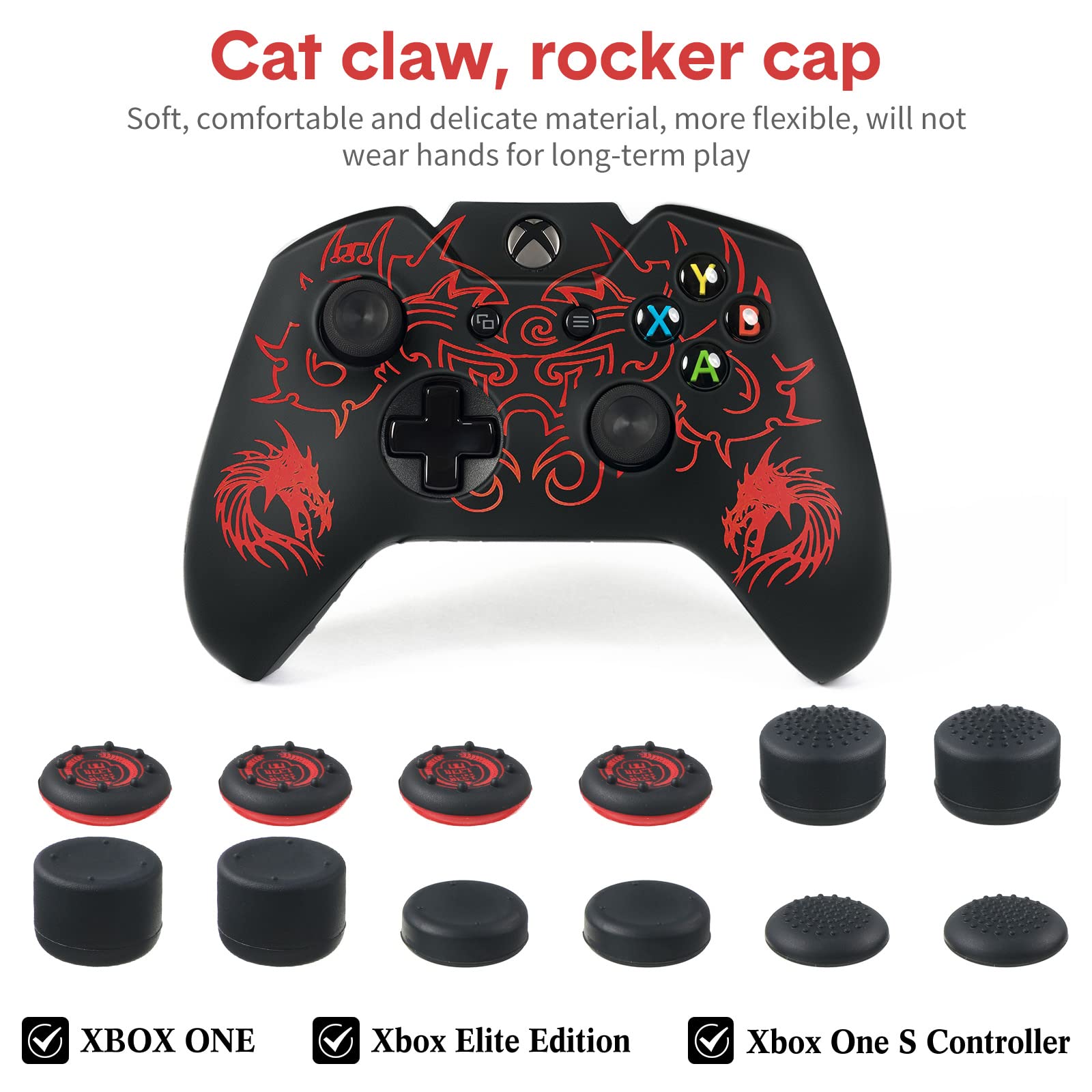 14 Pcs Controller Skins Anti-Slip Accessories Set Silicone Cover Protector Case Compatible with Xbox One/ S/ X Controller Wireless/ Wired Gamepad Joystick with 12 Cat Paw Thumb Grips (Red and Black)…