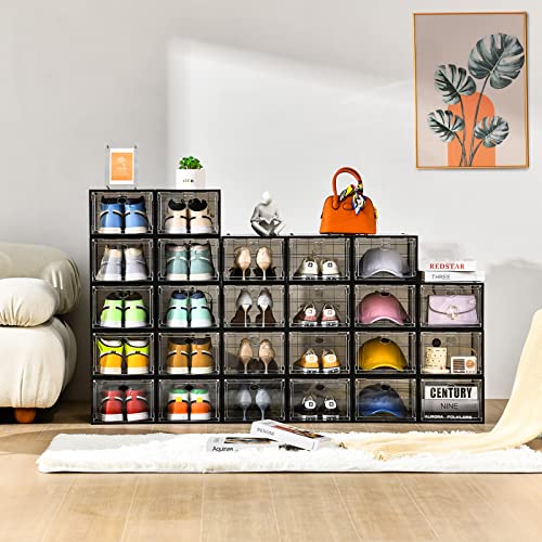 Amllas 10 Pack Shoe Boxes Stackable,Upgraded Sturdy Shoe Storage Boxes with Clear Magnetic Door,Multifunctional Sneaker Storage, Shoe Box Organizer Fit up to US Size 12 Gray(13.8”x 9.84”x 7.1”)