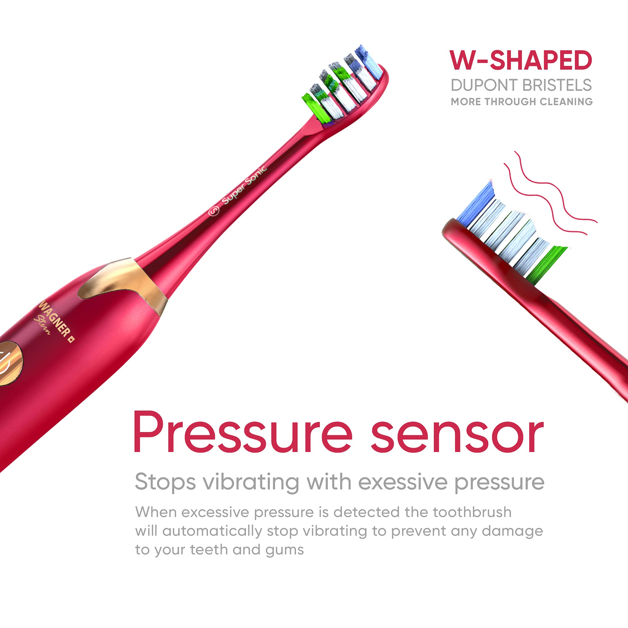 Wagner Stern. Duette Series. 2 Electric toothbrushes with Pressure Sensor. 5 Brushing Modes and 4 Intensity Levels, 10 Dupont Bristles, 2 Premium Travel Cases. (Burgundy/Black)