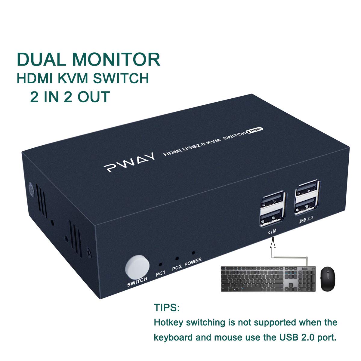 2 Port Dual Monitor KVM Switch HDMI 4K@30Hz, 2 USB 2.0 Hub, Supported Wireless Keyboard & Mouse and Hotkey Switch, No Power Adapter with 4 HDMI Cables