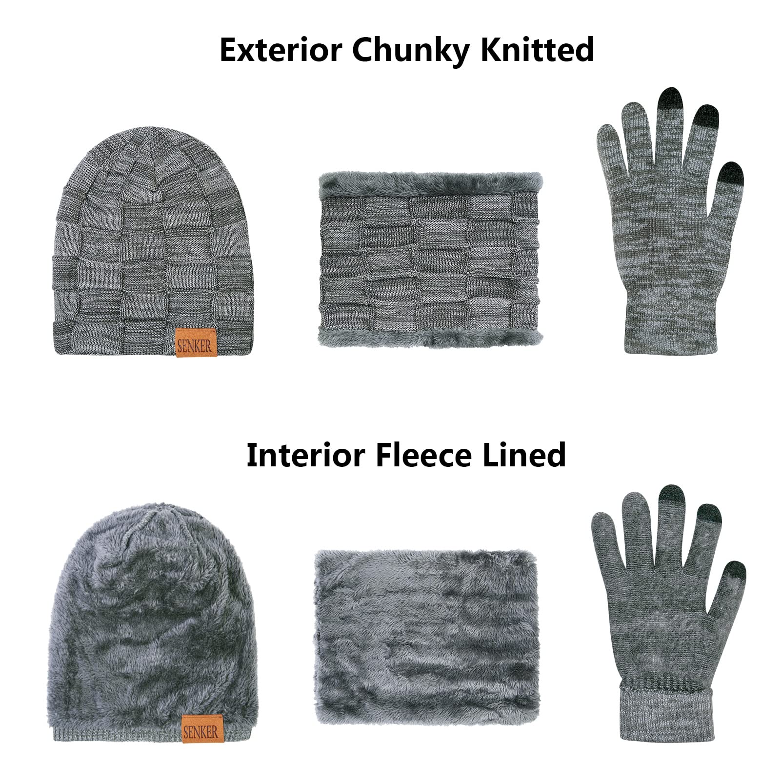 3 Pieces Winter Hat Scarf and Gloves Set for Men and Women, Knit Slouchy Beanie Cap&Neck Warmer&Screen-Touch Texting Gloves Dark Gray