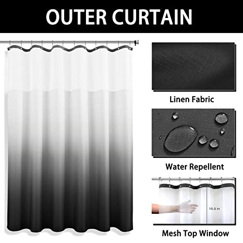 Black Shower Curtain Set with Snap-in Fabric Liner, Ombre Linen Textured Shower Curtain with 12 Hooks - Hotel Style, Water Repellent & Washable, Heavyweight Fabric & Mesh Top Window - 72x72, Black