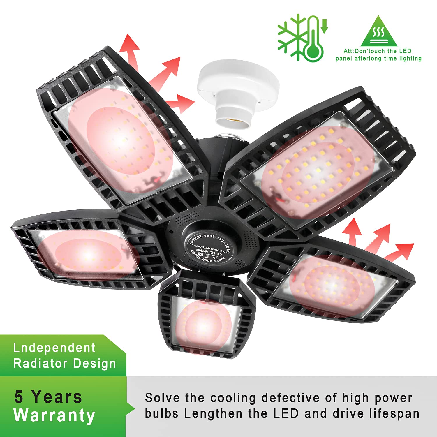 2-Pack LED Garage Lights, 100W Deformable E26/E27 Garage Ceiling Light, 10000LM Five-Leaf Adjustable Garage Lighting Fixture, CRI>80, 6500k Nature Light, for Workshop, Workbench, Barn, Basement