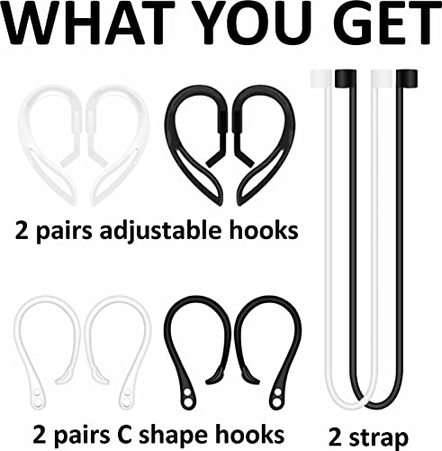 A-Focus 【 Anti-Slip Kit 】 for AirPods Pro 2 and Pro, Ergonomic 360 Degrees Rotation Adjustable Ear Hooks & Strap Non Slip Sport Wing Holder Compatible with New AirPods 3 2 & 1 [6 in 1] Black White