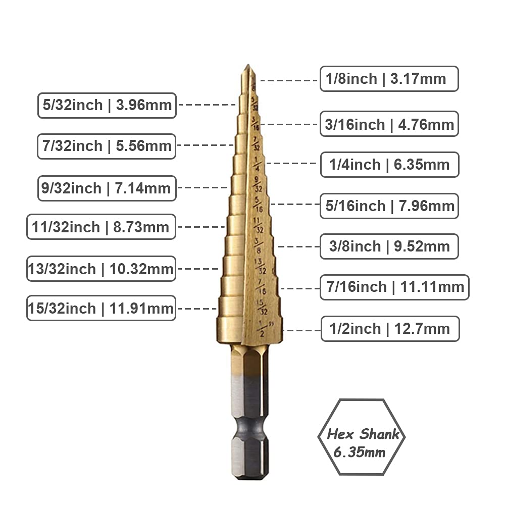 Mesee 3 Pcs Step Drill Bit Set, High-Speed HSS Steel Step Cone Drill Bits 1/4 Inch Hex Shank Step Drill Titanium Coated Hole Drilling Cutter Tool for Wood Plastic Sheet Metal