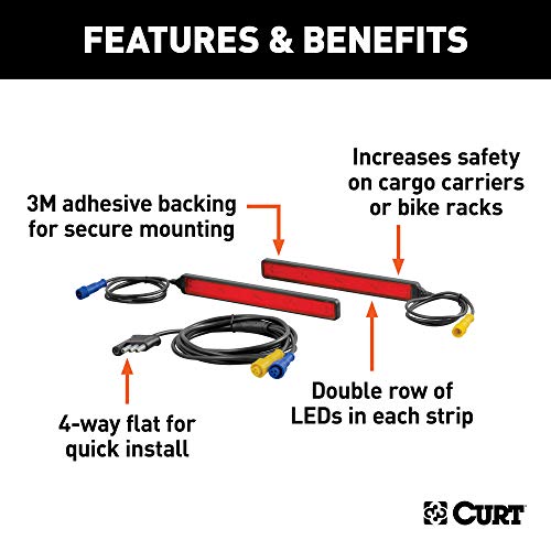 CURT 53201 Auxiliary Automotive LED Light Strips for Hitch Cargo Carrier, Bike Rack, 2-Pack, red