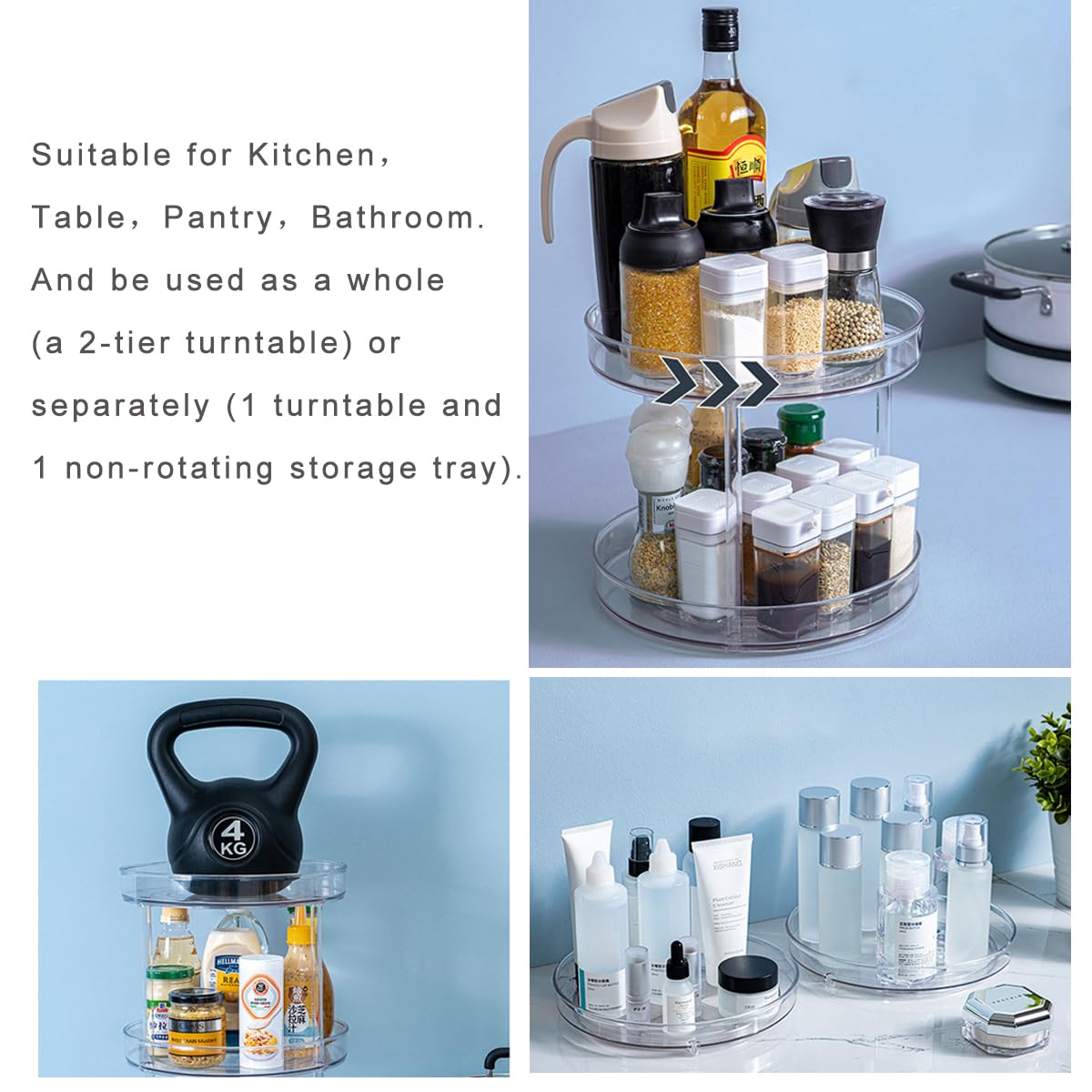 2 Tier Lazy Susan Organizer, 10.63-inch Large Non-Skid Turntable Spice Rack Organizer Clear Turntable for Countertop/Cabinet in Kitchen Bathroom and Pantry