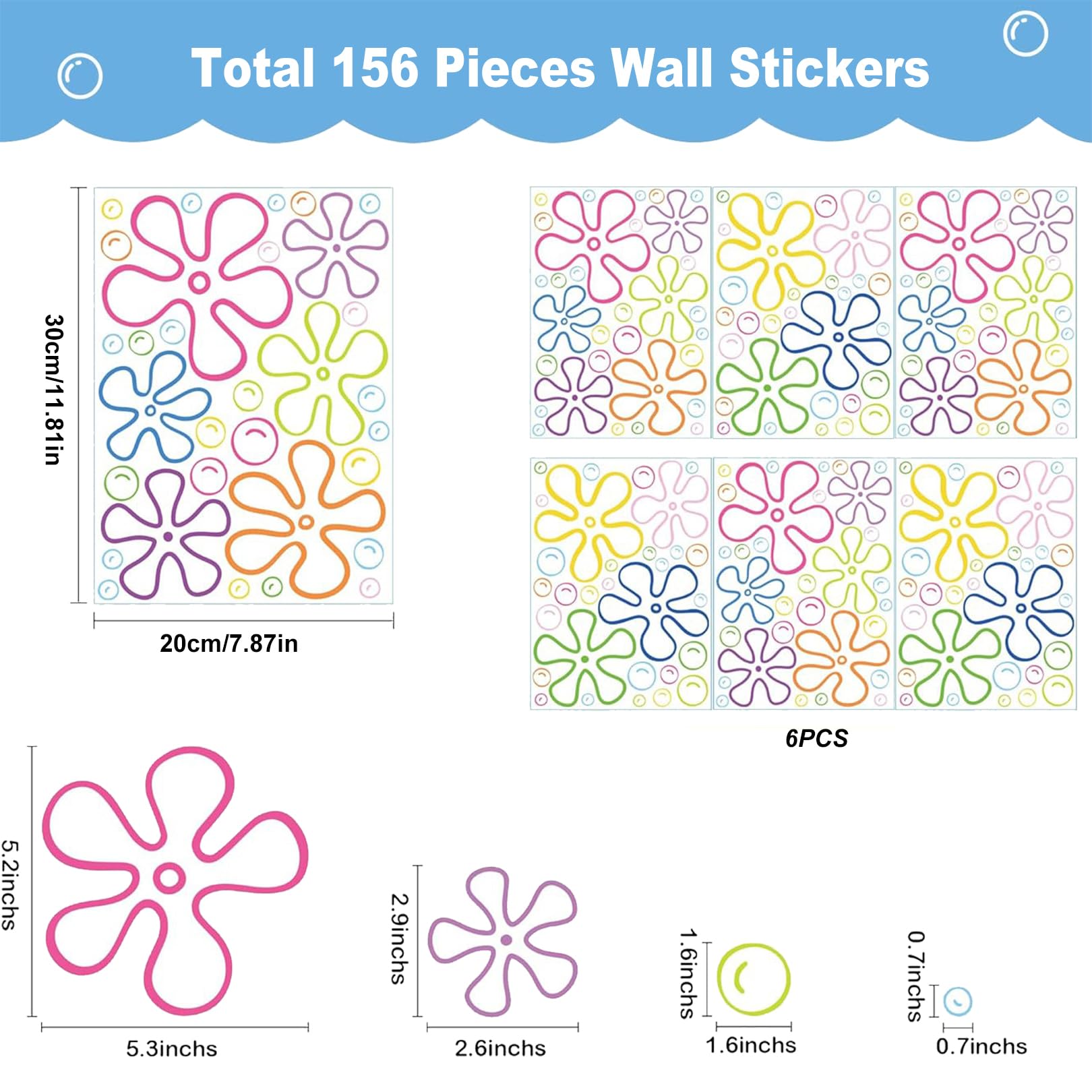 156PCS Flowers and Bubbles Wall Decals Under The Sea Birthday Party Peel and Stick Colorful Bubble Stickers Car,Bedroom,Bathroom,Windows,Laptop Decor 6 Sheets, 30cm x 10cm Each,Static Cling,Removable