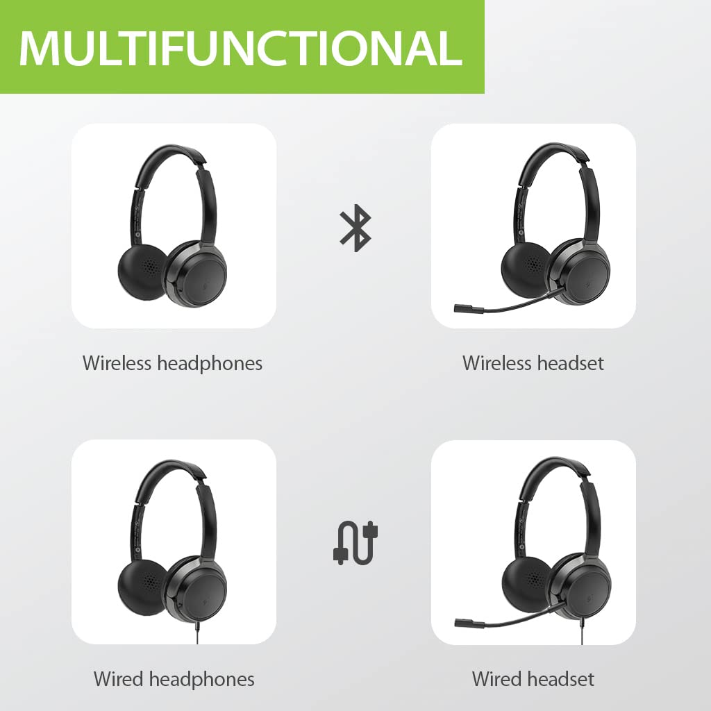 Avantree Alto Clair 2 - Multifunctional Bluetooth Headphones & Detachable Noise-Filtering Mic with Wired & Wireless Headset Modes, Dual Link Connectivity for PC, Computer & Phone, Clear Calls Anywhere