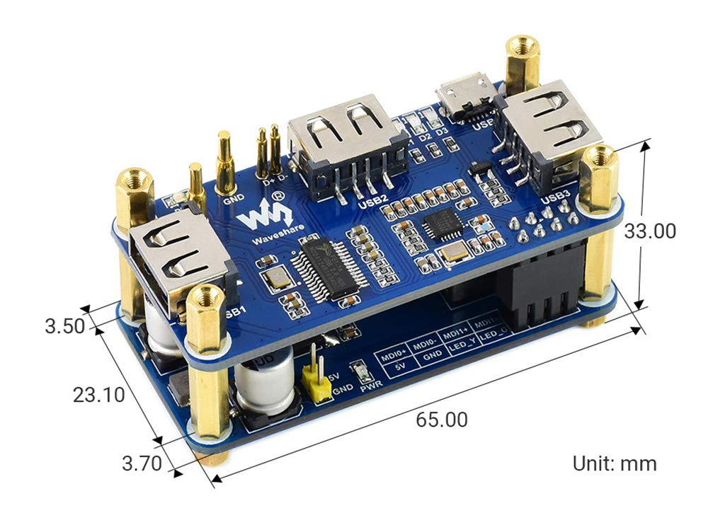PoE Ethernet/USB HUB HAT for Raspberry Pi Zero/Zero W/Zero WH, 3X USB 2.0 Ports, 10M / 100M RJ45 Port, 802.3af-Compliant