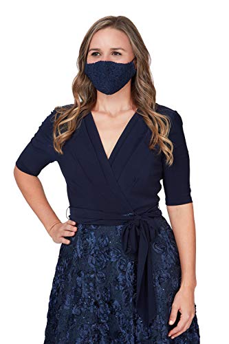 Alex Evenings Women's Tea Length Jersey and Rosette Lace Dress (Petite and Regular), Navy Tie Front, 6