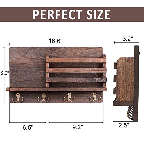 DUNCHATY Mail and Key Holder for Wall Decorative - Wall Mounted Rustic Mail Organizer with 4 Double Hooks and Mail Rack, Wood Shelf Home Decor for Entryway, Mudroom, Hallway