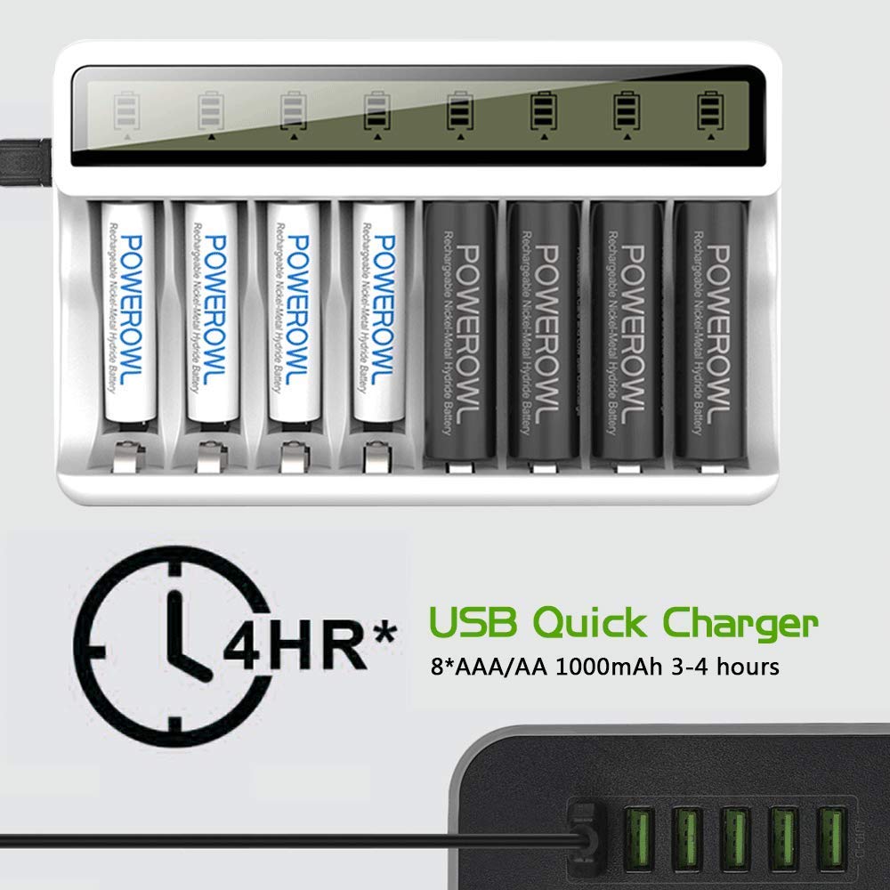 POWEROWL 8 Bay AA AAA Battery Charger with LCD Display (USB Quick Charging, Independent Slot) +AA 2800mAh & AAA 1000mAh 1.2V NiMH Battery Low Self Discharge, Pack of 16
