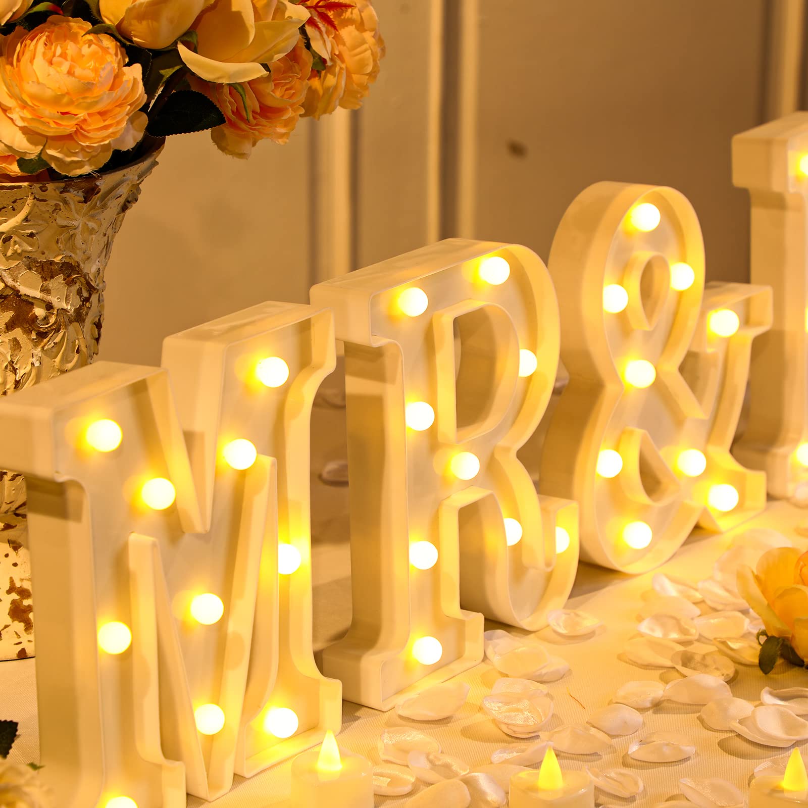 6 Pcs Mr and Mrs LED Sign 12 Pcs Flameless LED Candles 300 Pcs Artificial Rose Petals Neon Mr and Mrs Sign for Wedding Table Heart Romantic Candles Light up Letters for Romantic Night Decor (White)
