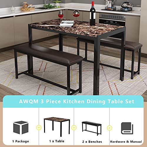 AWQM Dining Table Set 4, Metal Frame and Faux Marble Table Top, Modern 3 Piece Kitchen Table Set with 2 PU Leather Upholstered Bench for Apartment, Space-Saving Furniture, Brown