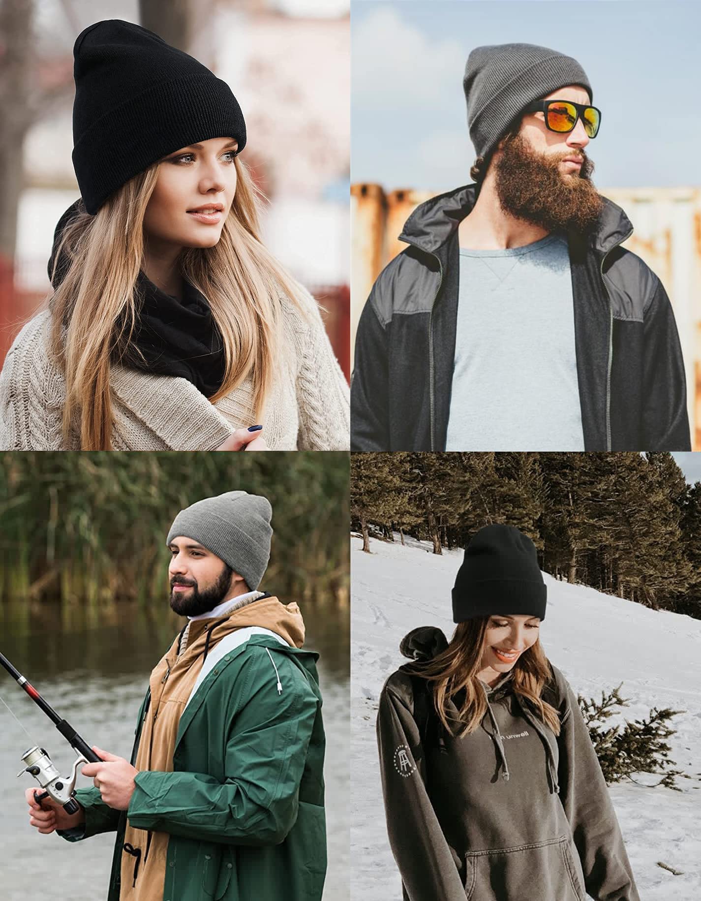 2-Pack Men's Standard Daily Beanie Hat Classic Cuffed Plain Skull Knit Winter Cap for Men & Women Warm Snug Slouchy Soft Headwear Unisex (Black&Dark Grey 2pcs)