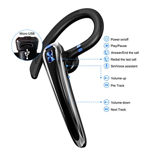 MQQC Bluetooth Headset V5.0 Wireless Bluetooth Earpiece,Hands-Free Earphones with Noise Cancellation Mic for/Business/Office/Driving, Compatible with iPhone and Android(Blue)