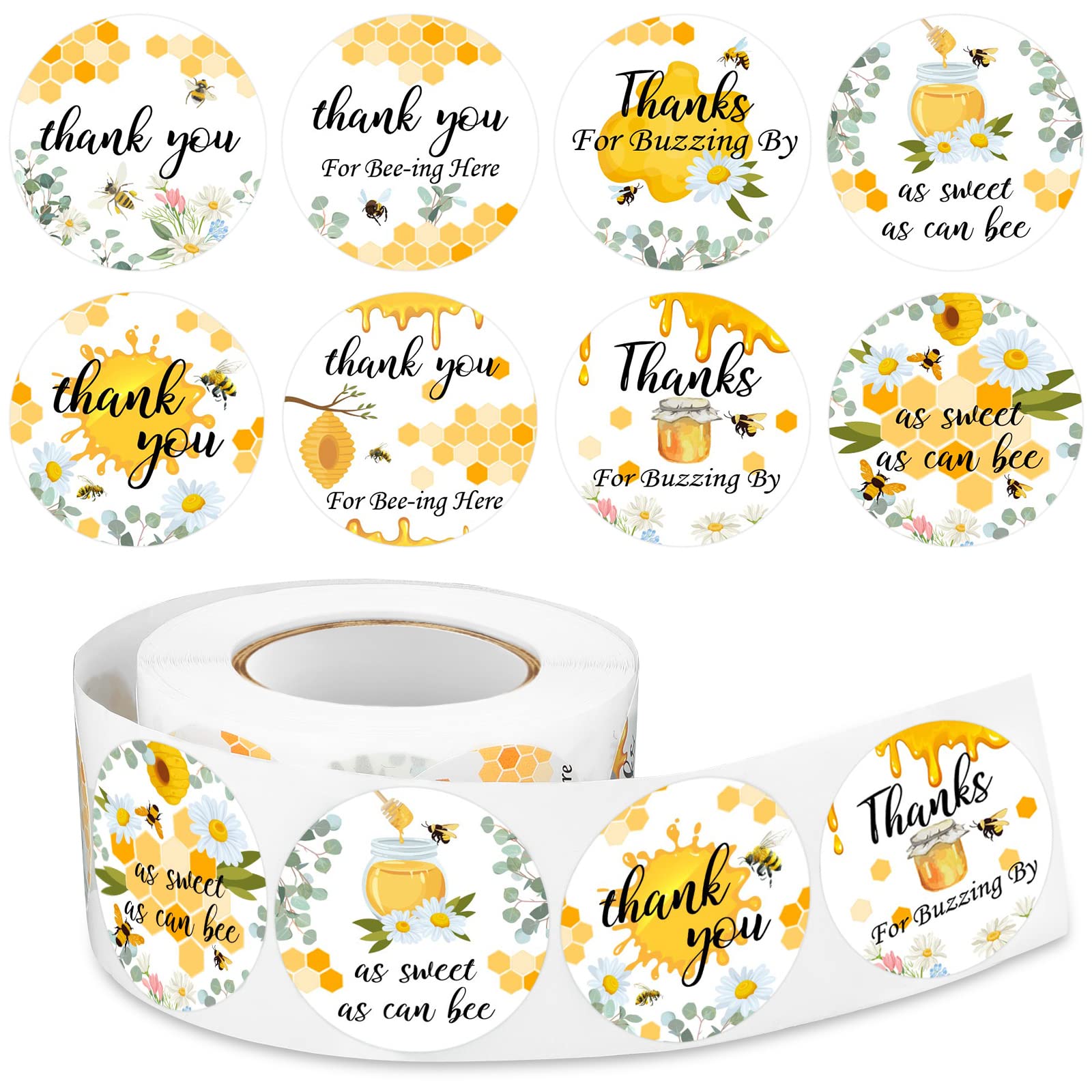 500 Pieces 1.5 Inch Bee Thank You Labels Baby Shower Bumble Stickers for Jars Bottle Gift Box Birthday Baby Shower Party Favor Label Stickers 8 Design
