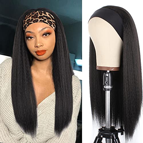Kachanaa Kinky Headband Wigs for Black Women Natural Glueless Synthetic Yaki Straight Wigs for Women 22 Inch (1B#)