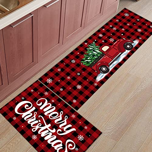 2 Piece Red Truck Kitchen Rug Set Merry Christmas Indoor Floor Mats for Winter, Xmas Door Mat Runner Rug Carpet Mat for Kitchen Home Decor (15.7" x 23.6"+15.7" x 47.2") - Red Black Buffalo Check Plaid