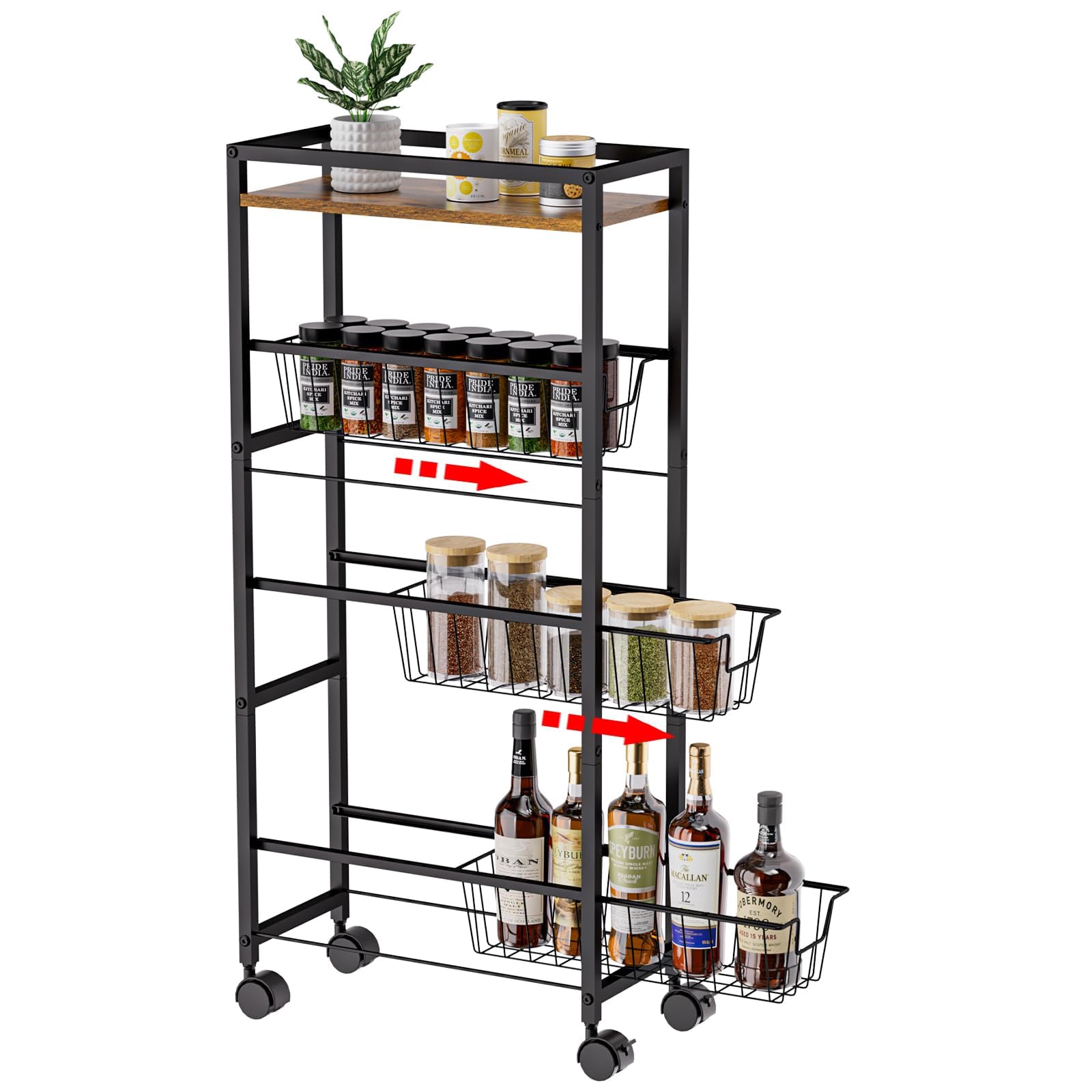 4 Tier Slim Rolling Cart with Pull-out Baskets, Mobile Kitchen Cart with Lockable Wheels, Narrow Utility Storage Cart for Bathroom,Laundry, Living Room ,Small Space,Black