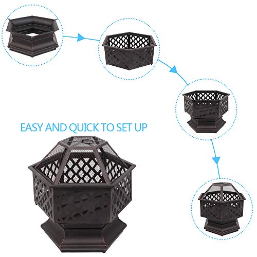 Lovinland 22" Hexagonal Shaped Iron Brazier Wood Burning Fire Pit Decoration for Backyard Poolside