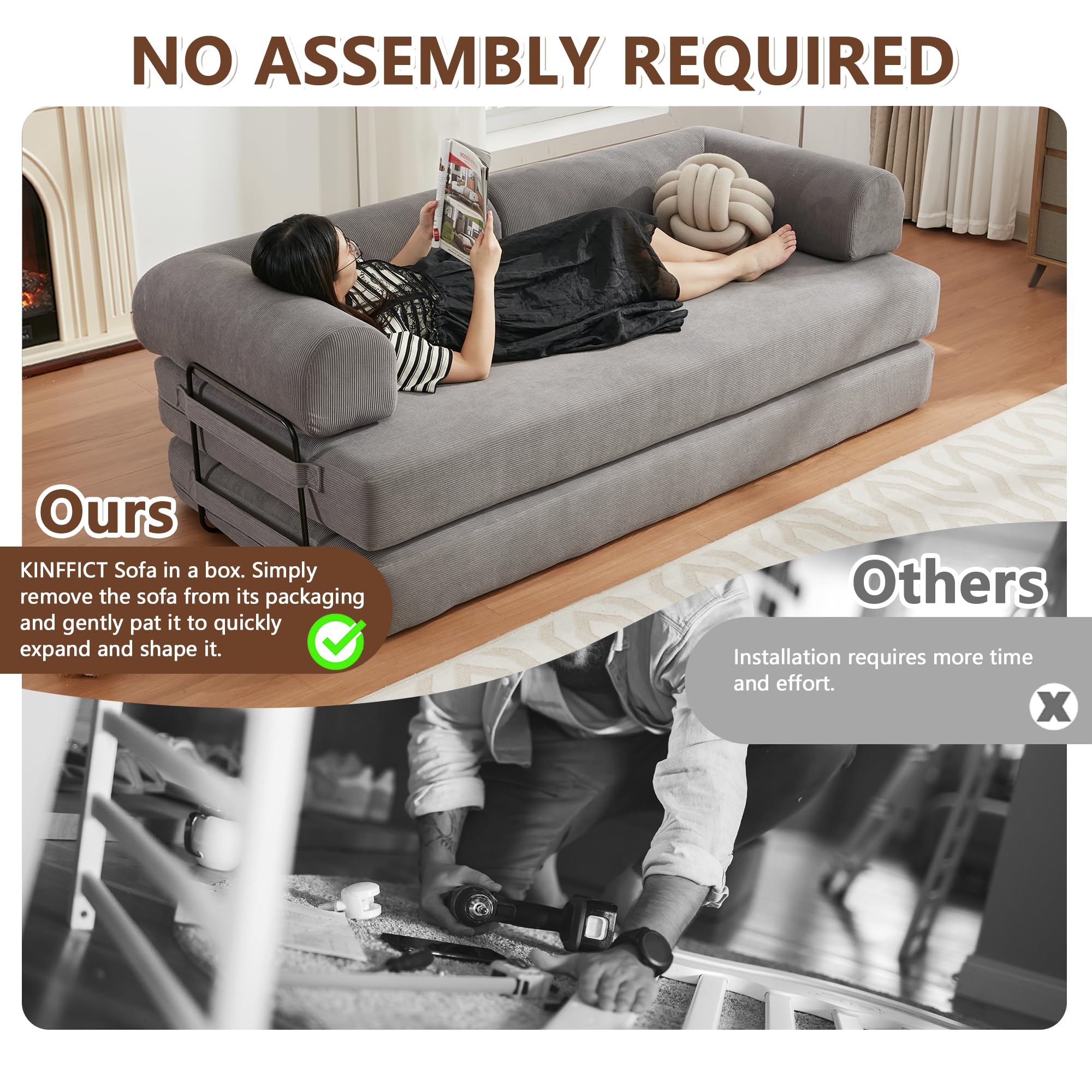4-in-1 Free Combination Loveseat Convertible Sleeper Sofa Bed Floding Accent Futon Couch Corduroy Modular Sectional Sofa&Couch King Size Floor Daybed for Living Room Apartment Office Furniture