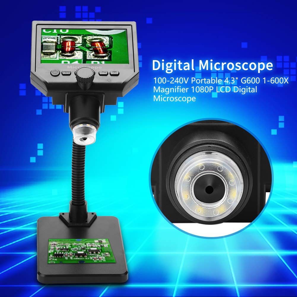 Digital Microscope kit, 100-240V Portable 4.3" G600 1-600X Magnifier 1080P LCD Digital Microscope Lithium Battery High Brightness 8 LEDs, Support Inserting Memory Card(US)