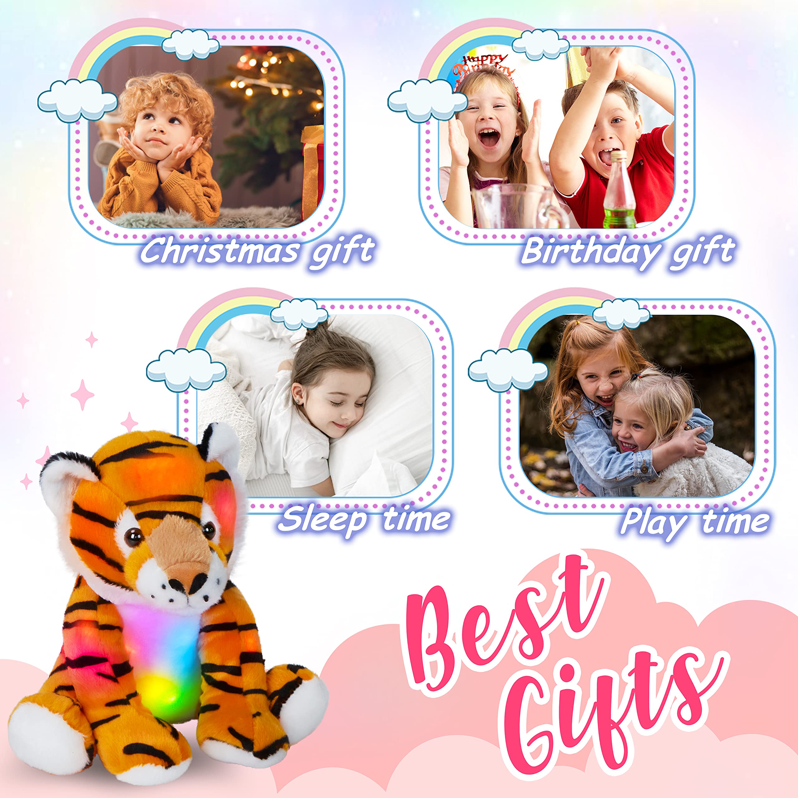 Athoinsu 11'' Light up Tiger Stuffed Animal with LED Night Light Glow in Dark Soft Plush Toy Valentine's Day Children's Day Birthday for Toddlers Kids