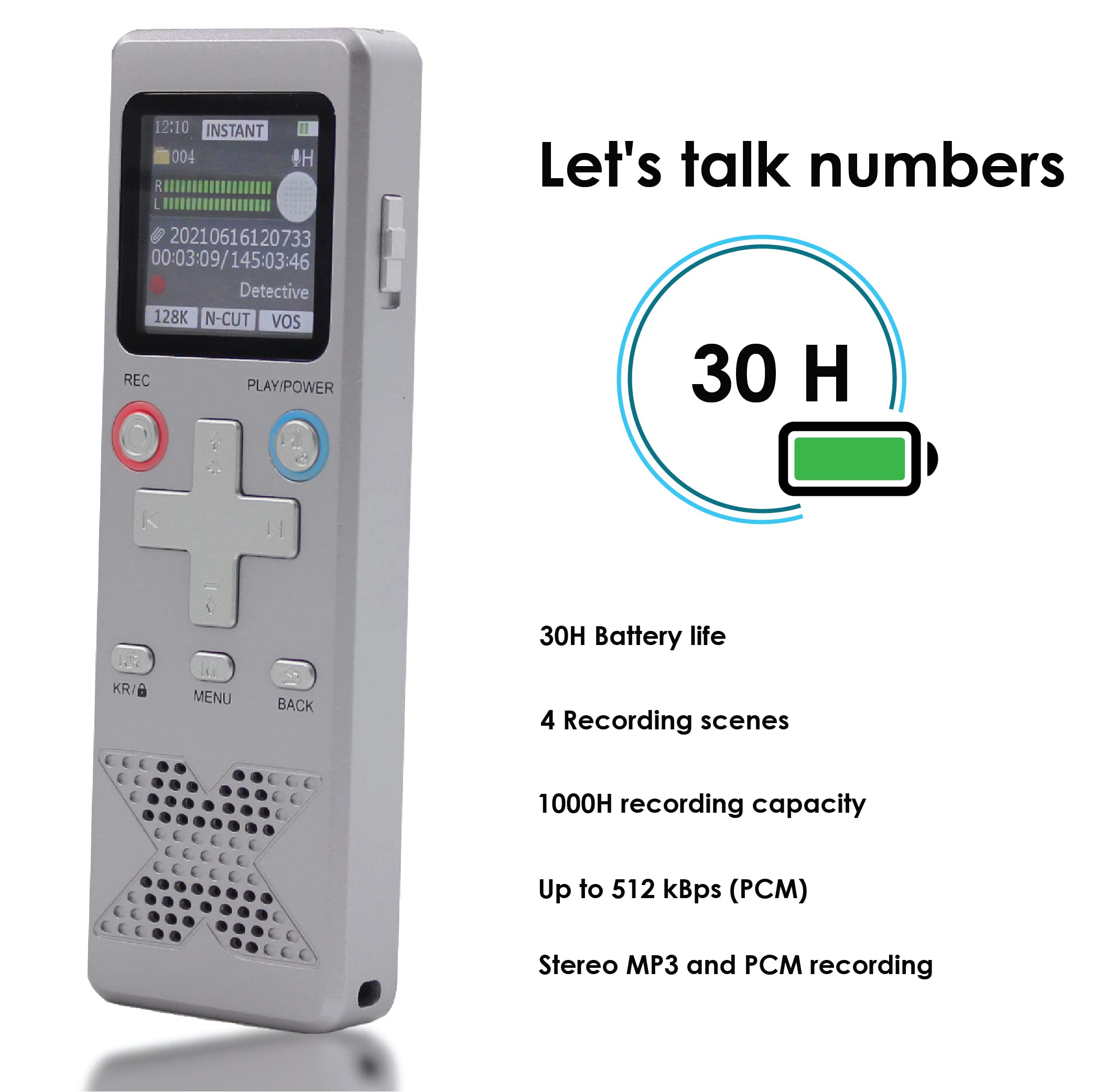 Digital Voice Activated Recorder with Instant Recording Button, Easy Playback with Integrated Speaker – Ideal for Notes, Voice Memos, Reminders, Learning Tool, 1000 Hours Capacity, by AttoDigital