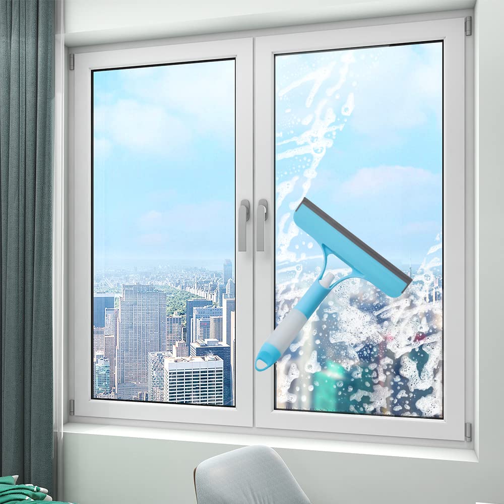 3 in 1 Window Cleaning Tool for Car Indoor Outdoor High Windows, 2023 New Window Squeegee with Spray, Multifunction Magic Broom Brush Squeeze Silicone Broom Sweeping Shower Squeegee (Blue, 1)