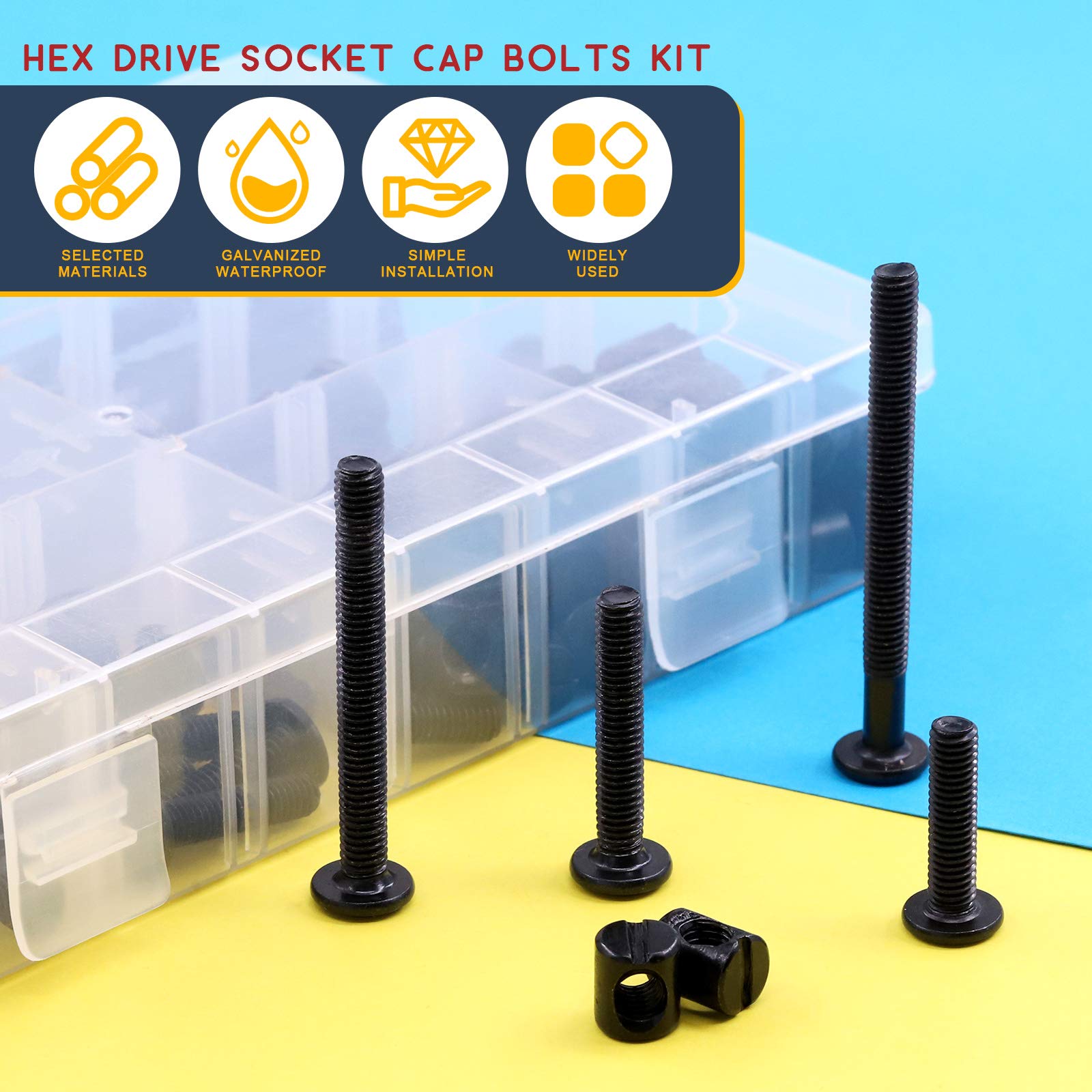 Hilitchi M6 140Pcs Black Hex Socket Head Screws Bolts Barrel Nuts Hardware Assortment Kit for Crib Baby Bed Furniture Cots and Chairs (15-75mm Assortment Kit)