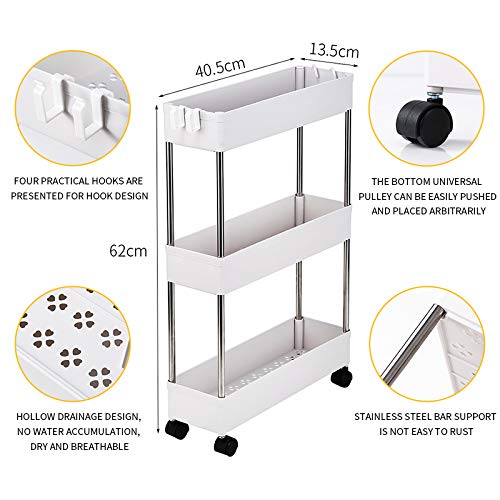 3 Tier Slim Storage Cart, Bathroom Storage Organizer Mobile Multi Functional Slim Storage Cart Rolling Utility Cart Tower Rack for Kitchen Bathroom Laundry Narrow Places