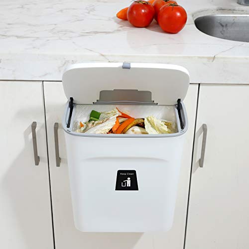 Lunies 2.4 Gal Compost Bin/Hanging Small Trash Can with Lid for Kitchen Cabinet Door/Counter Top/Under Sink/Bedroom/Bathroom/Cupboard White