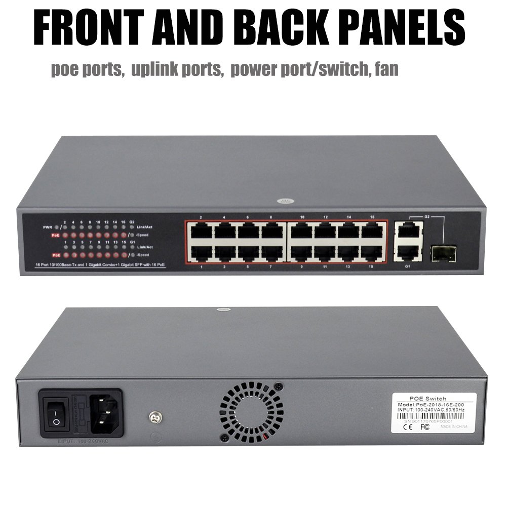 Ethernet PoE Switch with 2 Gigabit RJ45 Uplink and 1 SFP Port,16 10/100M PoE Ports Network-Switches Unmanaged 250W IEEE 802.3af Compliant