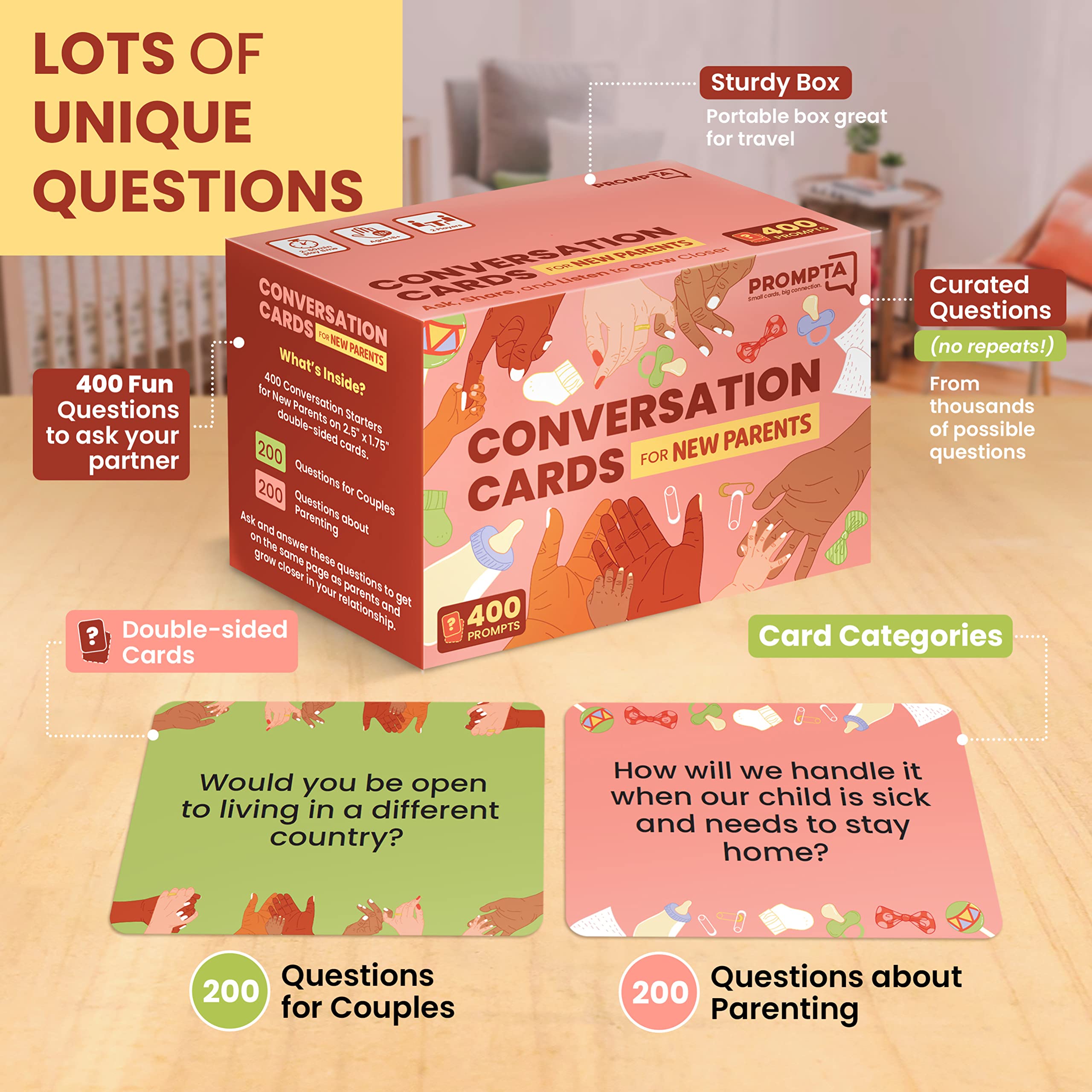 400 Conversation Cards for New Parents - Fun Questions to Connect and Talk About Parenting Essentials β Gift for New Mom Gifts for New Dad - Conversation Starters for Couples Gifts