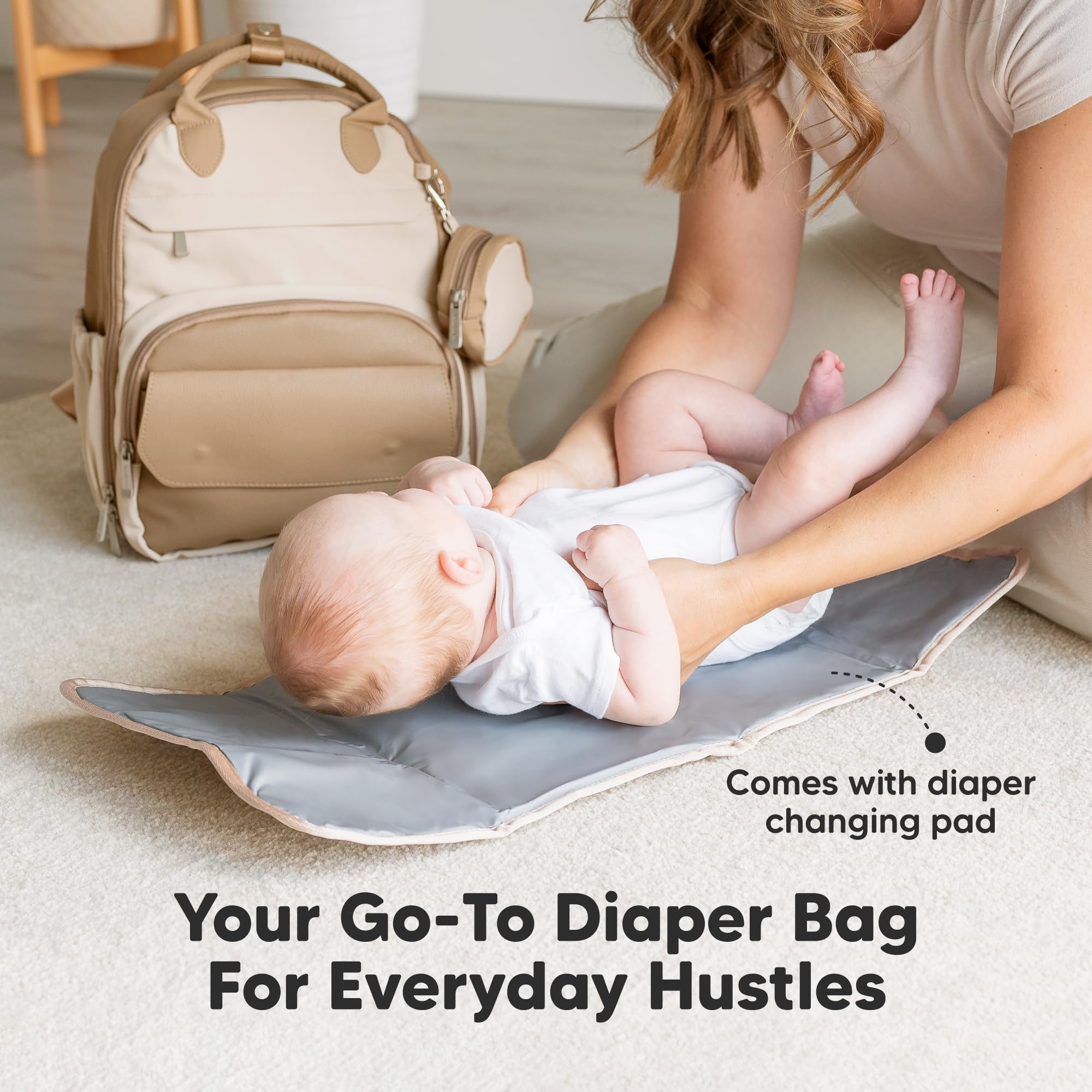 KeaBabies Diaper Bag Backpack - Multifunctional Travel Diaper Back Packs,Maternity Baby Changing Bags, Compact 12L Capacity, PU Leather,Waterproof, Unisex,Stylish Nappy Bag, Diaper Changing Pad(Latte)